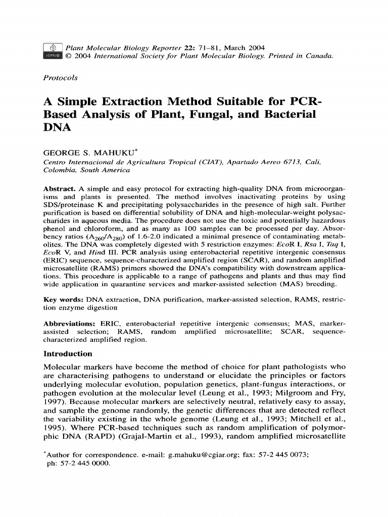 A Simple Extraction Method Suitable For PCRBased Analysis of Plant ...