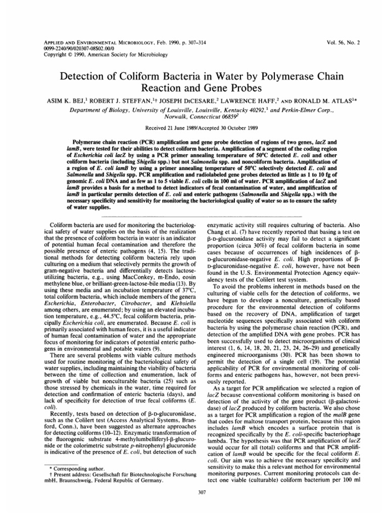 Bej Et Al 1990 Detection of Coliform Bacteria in Water by Polymerase ...