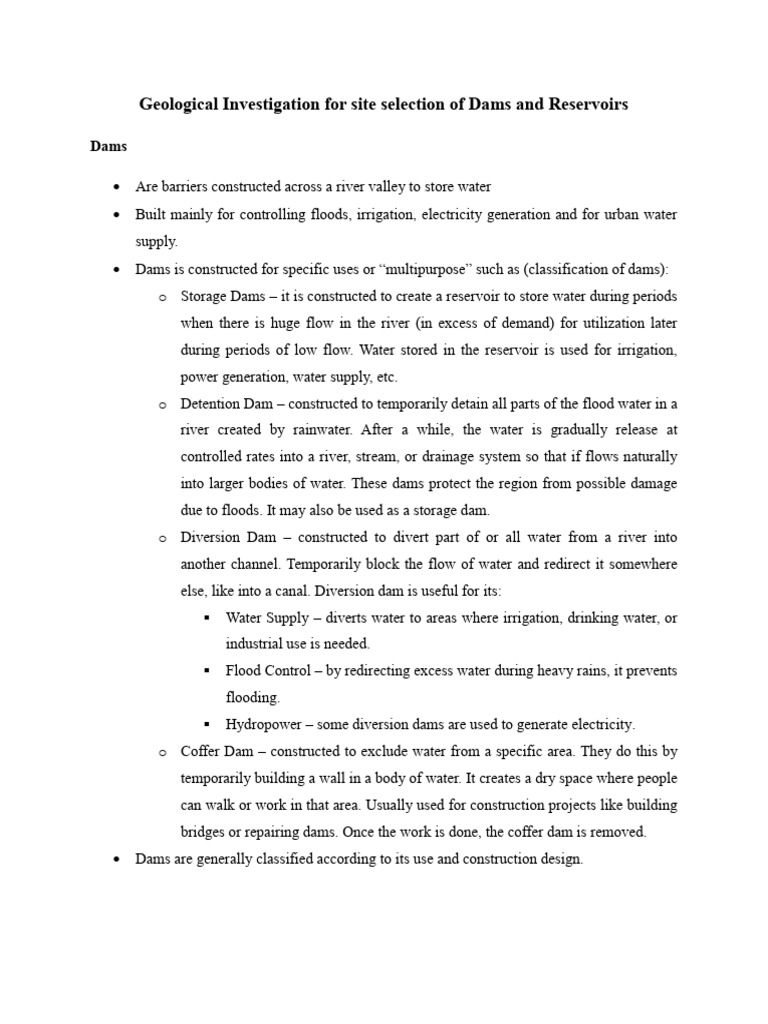 Geology Report Guide (Dams and Reservoir) | PDF | Dam | Rock (Geology)