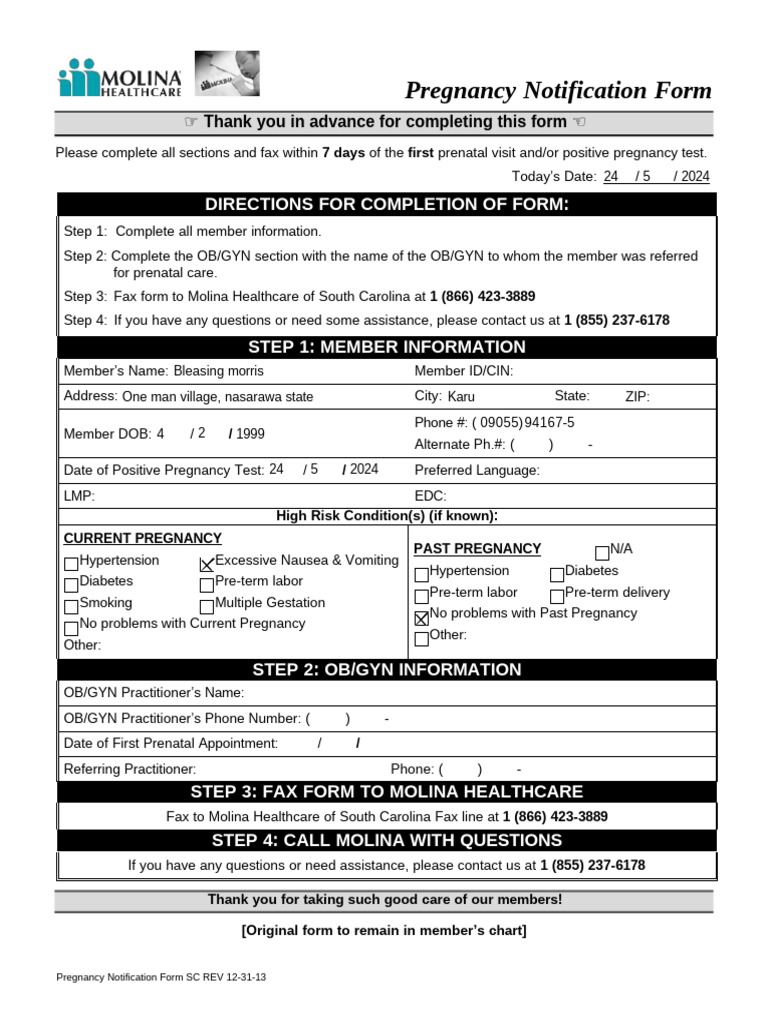 Pregnancy Notification Form Instructions | PDF | Pregnancy | Preterm Birth