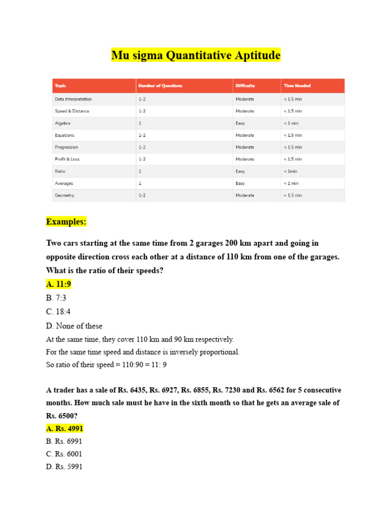 Mu Sigma Quantitative Aptitude Guide | PDF | Speed | Cancer