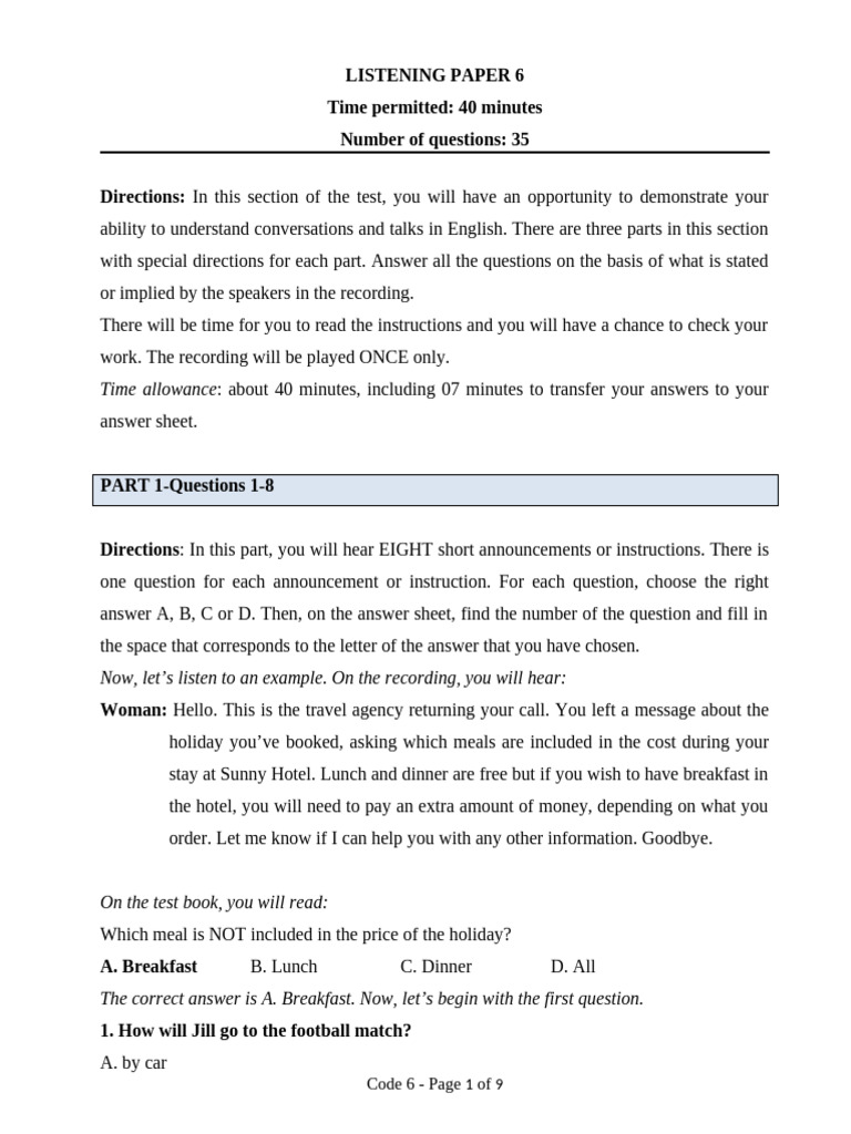 English Listening Test Paper 6 | PDF | Meal