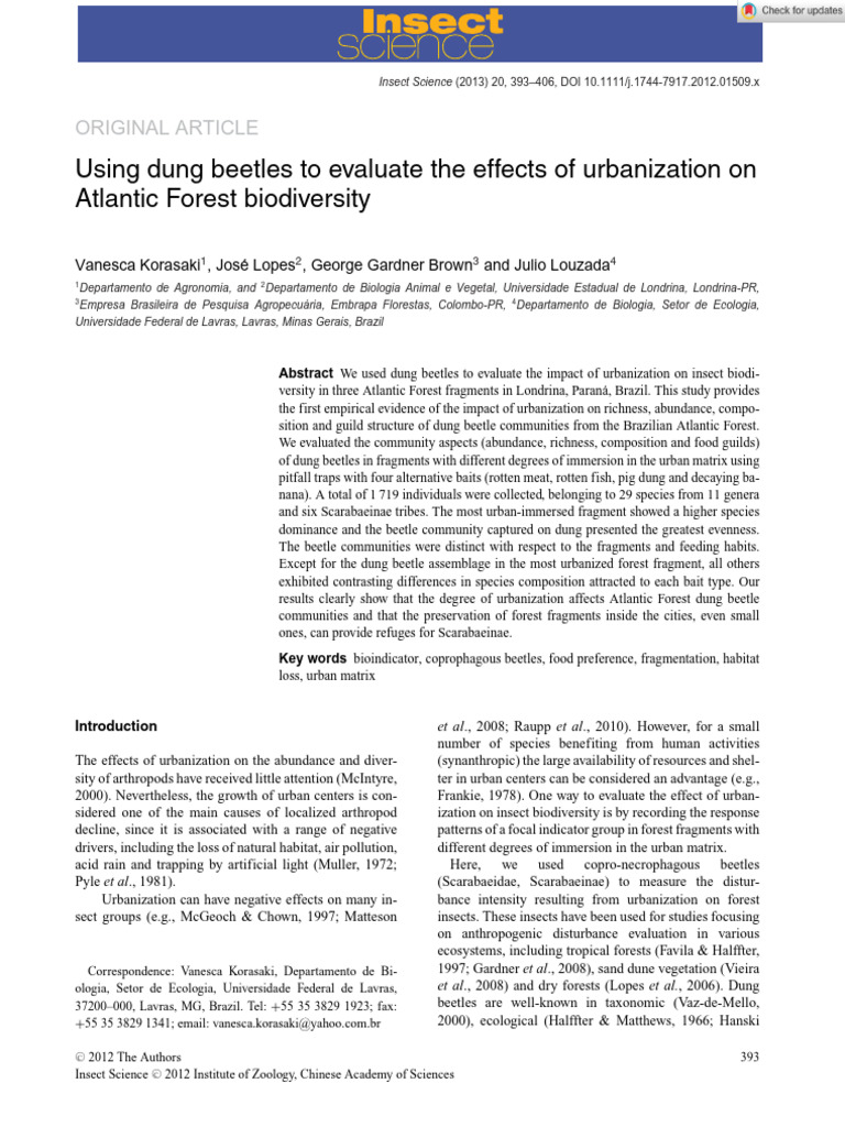 Insect Science - 2012 - Korasaki - Using Dung Beetles To Evaluate The ...