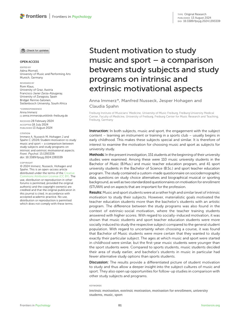 Student Motivation To Study Music and Sport - A Comparison Between Study Subjects and Study ...