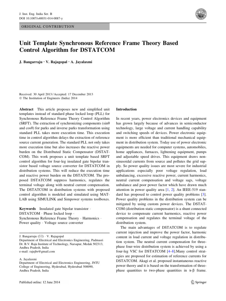 Unit Template Synchronous Reference Frame Theory Based Control Algorithm For Dstatcom Pdf