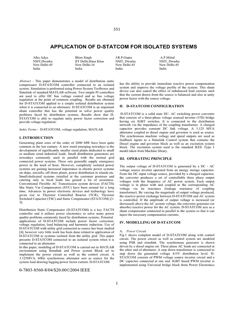 Application of Dstatcom For Isolated Systems | PDF | Power Electronics | Electric Power System