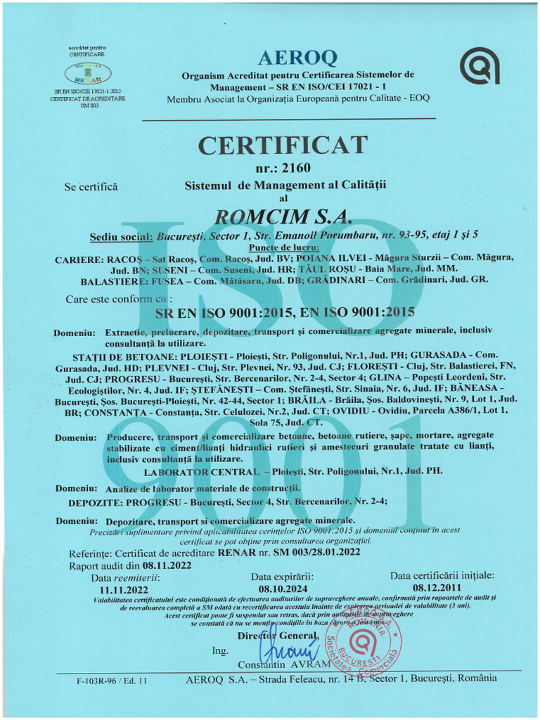 Cert - ISO 9001 - ROMCIM - Val - Oct. 2024 | PDF
