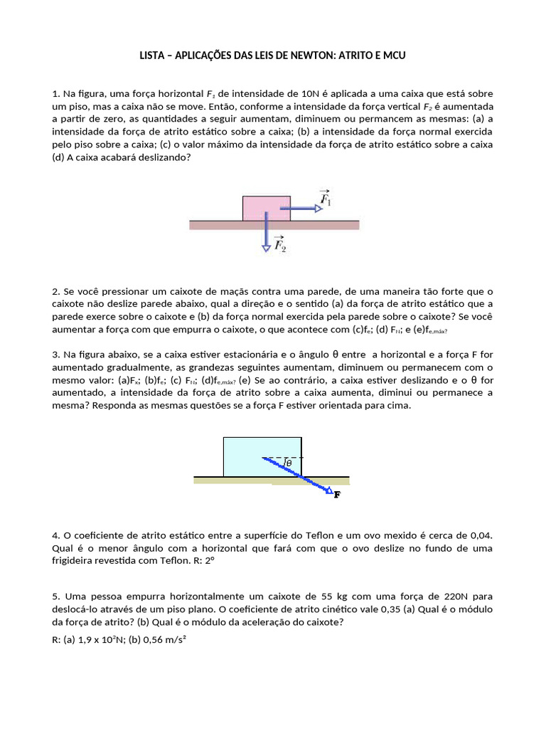 'Lista4 - Aplicacoes Das Leis de Newton - Atrito e Mcu | PDF | Atrito | Massa