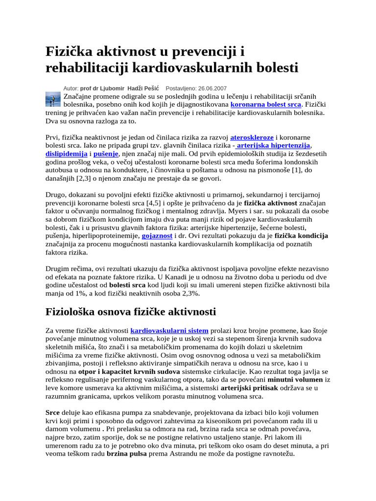 Fizička Aktivnost U Prevenciji I Rehabilitaciji Kardiovaskularnih Bolesti | PDF