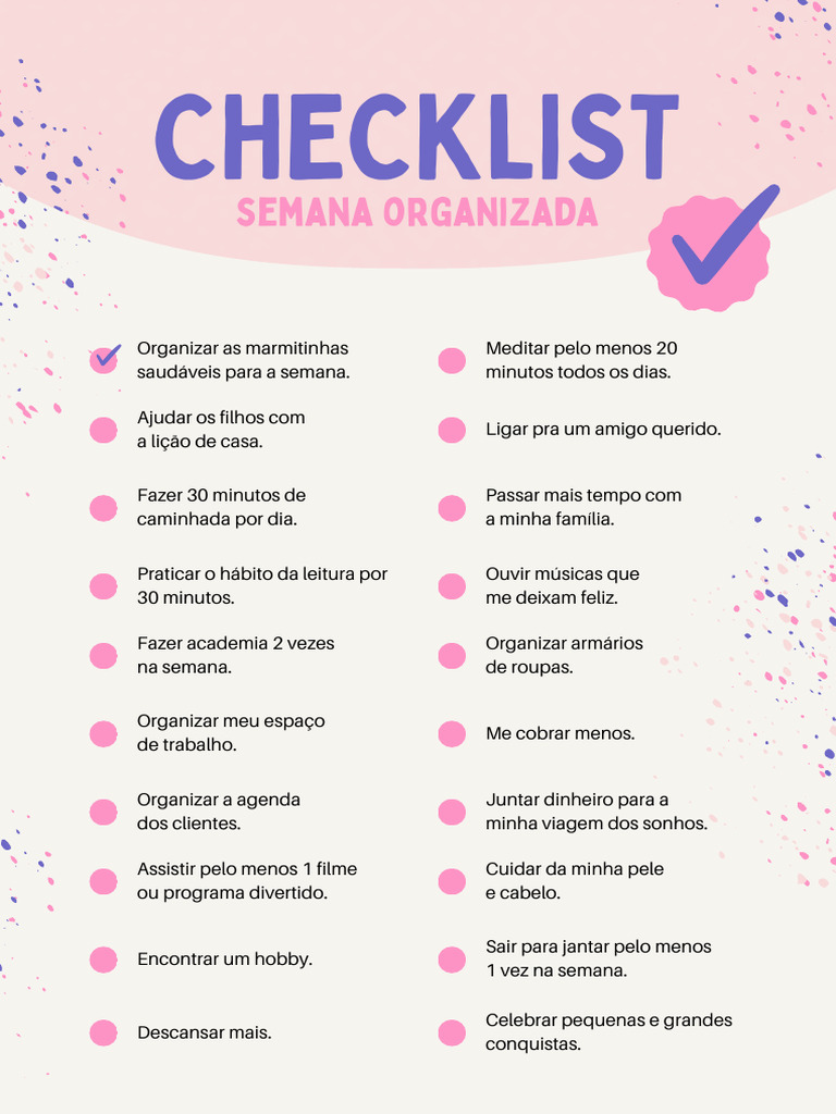 Checklist semana organizada delicado rosa e roxo | PDF