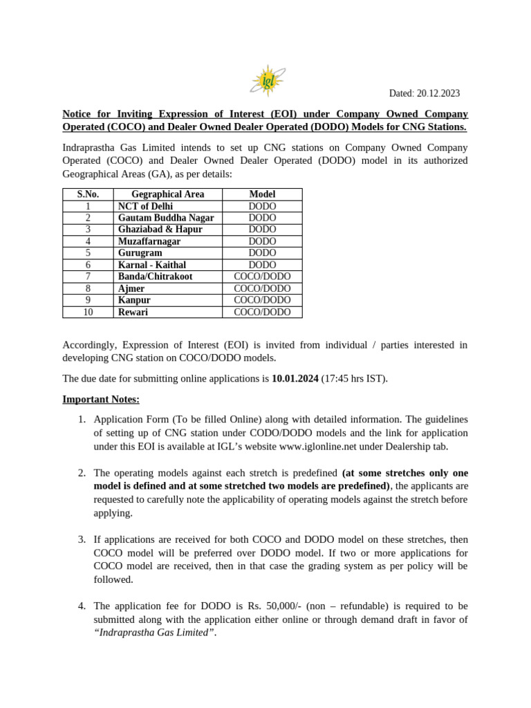 EOI for CNG Stations: COCO/DODO Models | PDF | Business