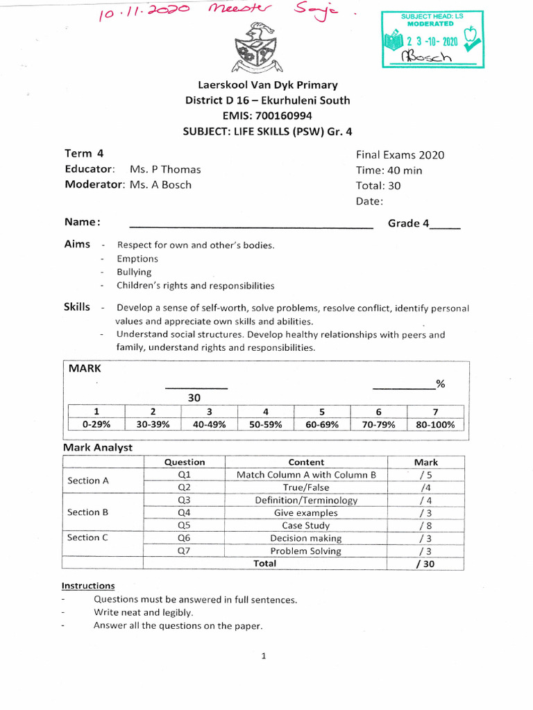 2020 November Exam Paper GR4 LS PSW | PDF