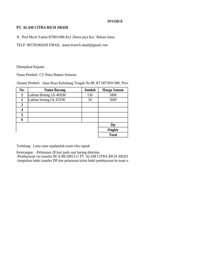 INVOICE CV - Putra Banten Semestsa 2 | PDF