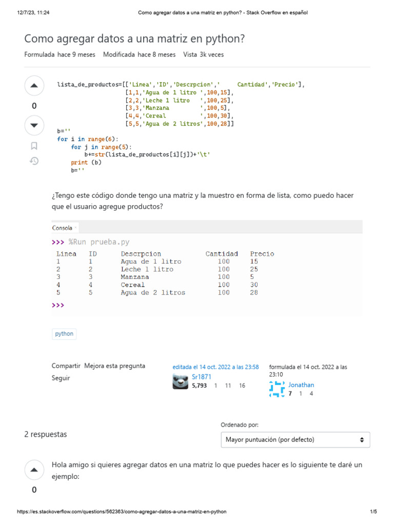 Como Agregar Datos A Una Matriz En Python Stack Overflow En Español Pdf Python Lenguaje