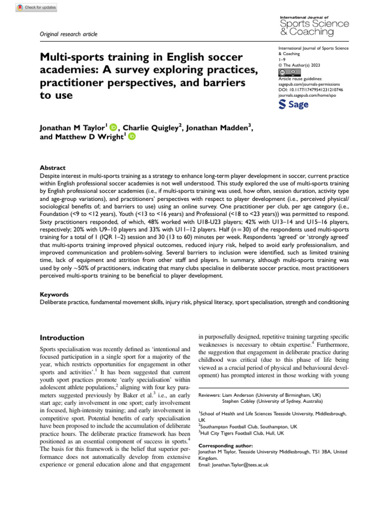 Taylor Et Al 2023 Multi Sports Training in English Soccer Academies A ...