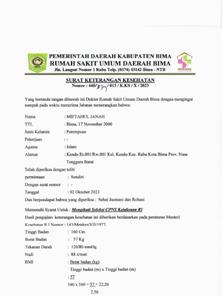 Surat Keterangan BMI | PDF
