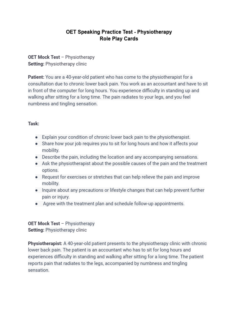 Physiotherapy OET Speaking Practice Test Role Play Cards | PDF | Self ...