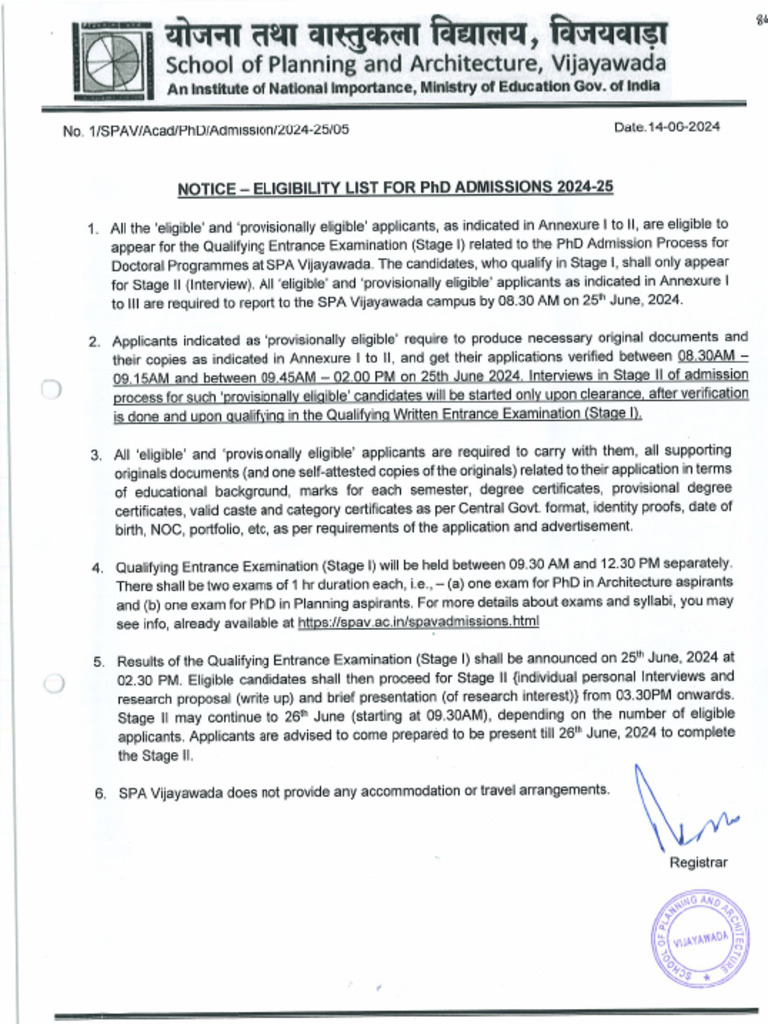Eligibity List For PHD Admissions 2024 | PDF