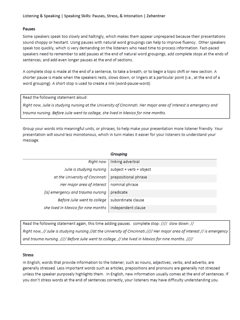 pausing and stress handout (1) | PDF | English Language | Stress ...