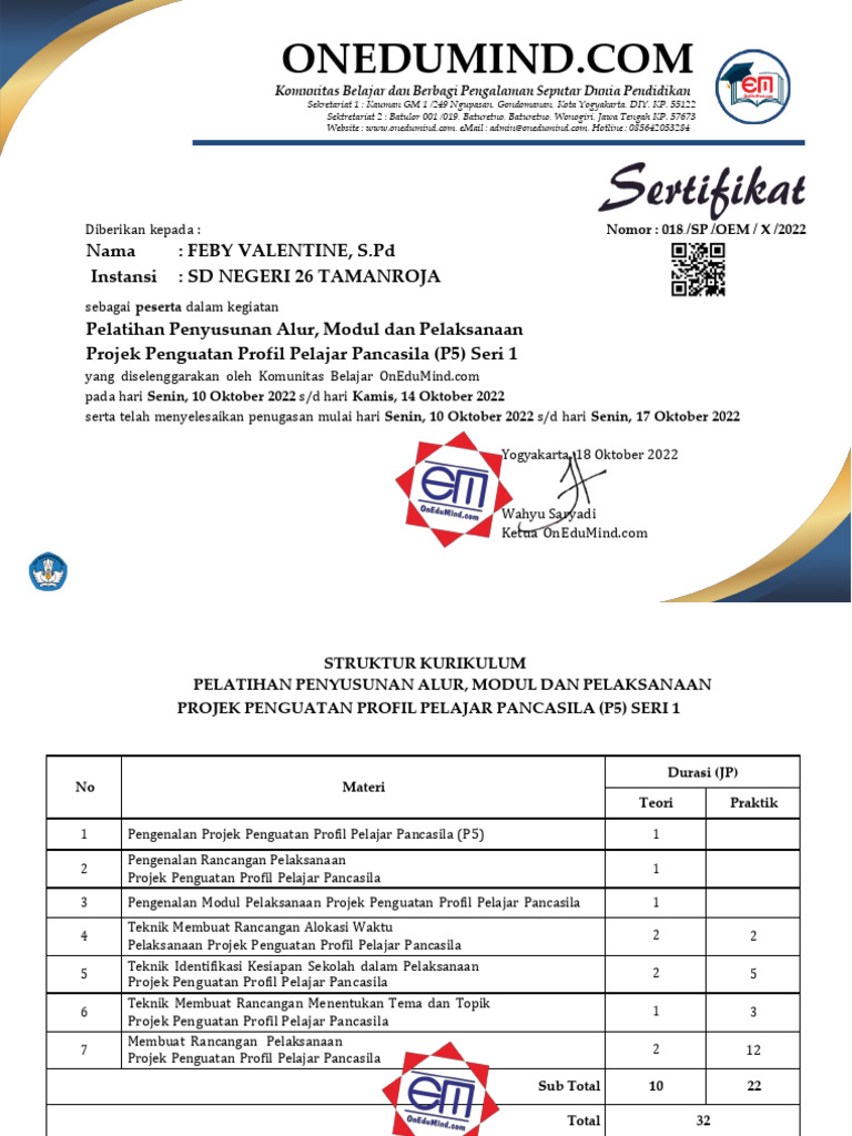 Sertifikat Pelatihan Penyusunan Alur, Modul Dan Pelaksanaan Projek Penguatan Profil Pelajar ...