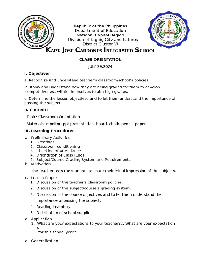 Classroom Orientation Lesson Plan | PDF