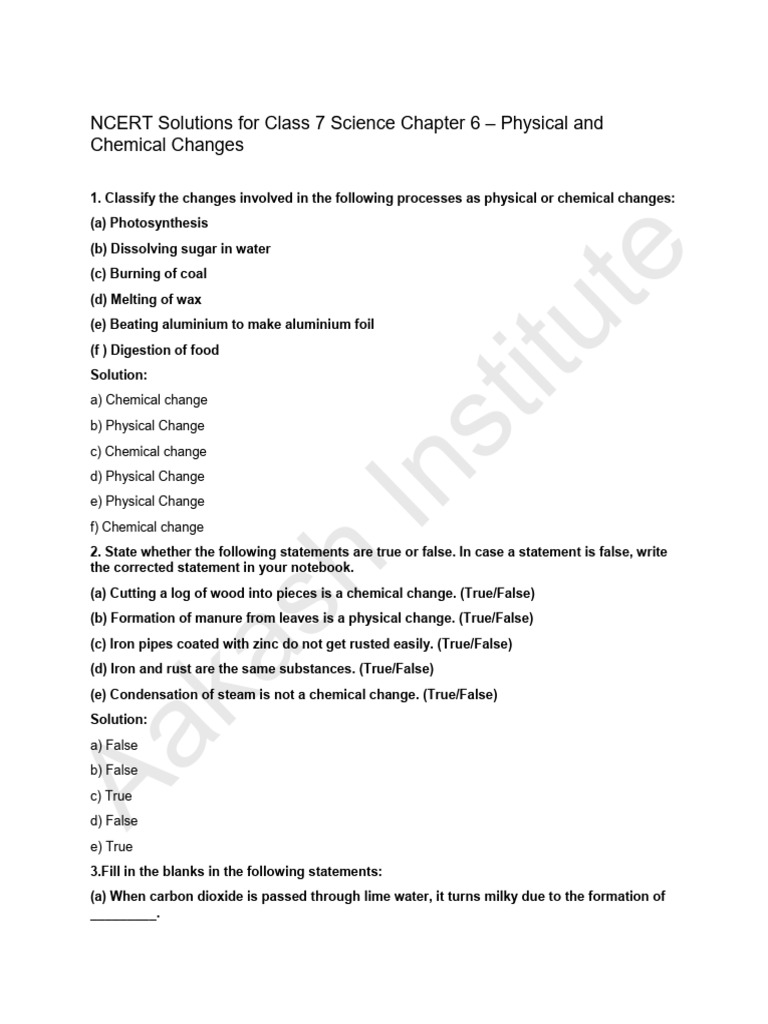 NCERT Solutions for Class 7 Science Chapter 6 Physical and Chemical ...