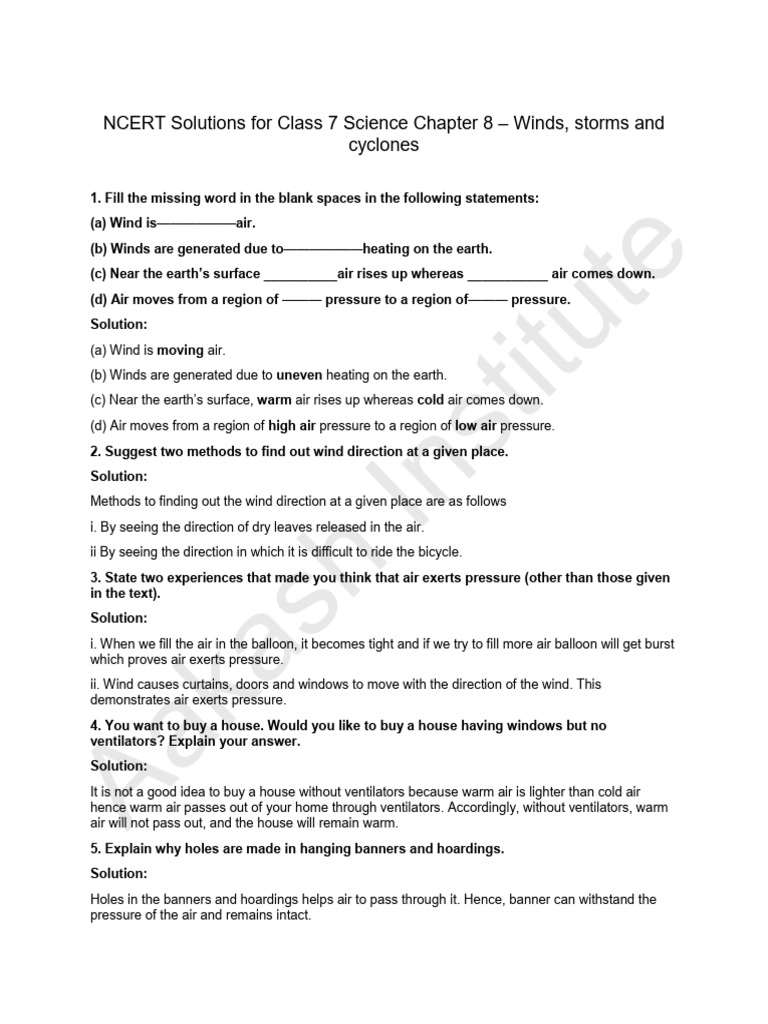 NCERT Solutions For Class 7 Science Chapter 8 Winds, Storms and ...