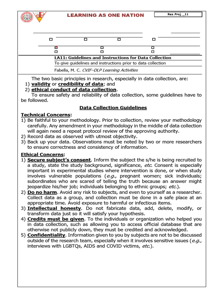 ver2023 LAS 11- Guidelines and Instructions for Data Collection | PDF | Methodology | Data