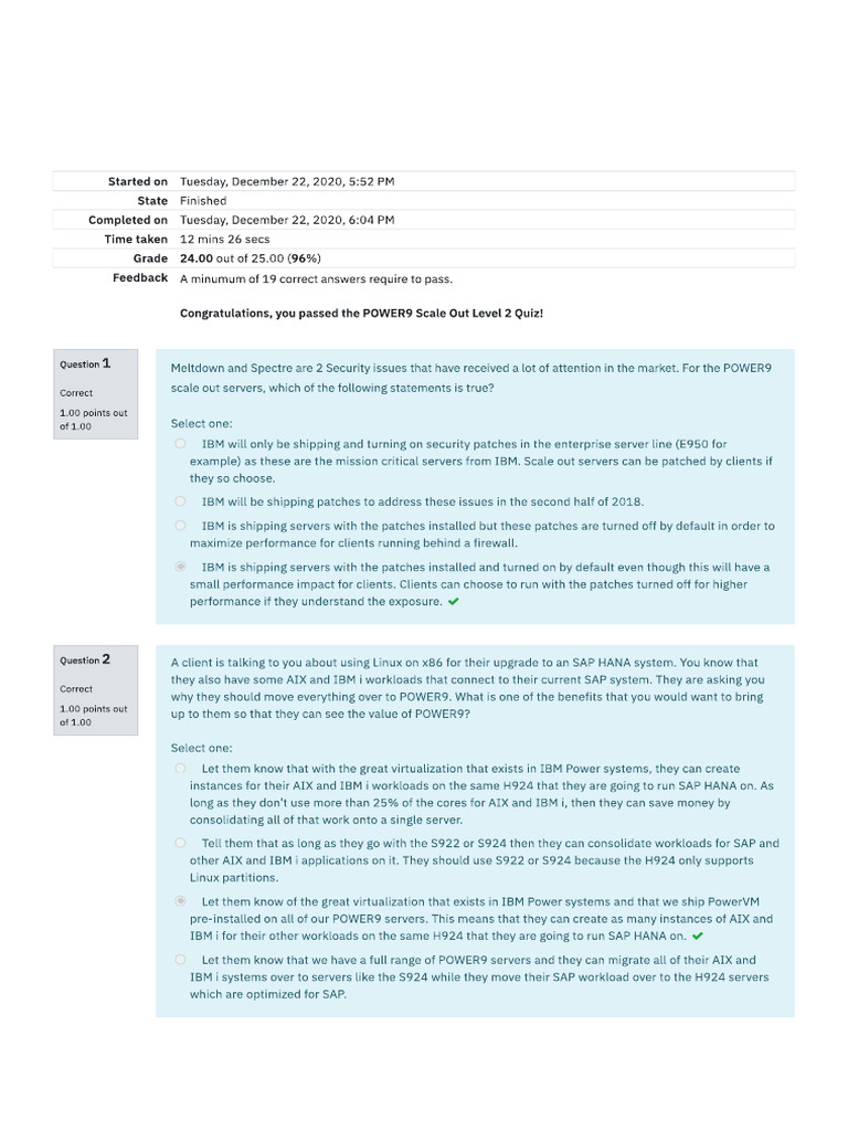 POWER9 Scale Out Servers Quiz - Level 2 | PDF