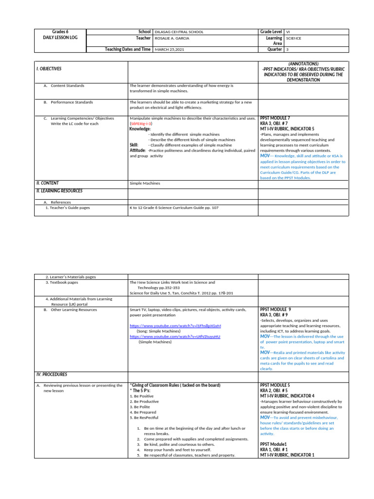 Cot DLP Science 6 Simple Machines With Annotations 1 | PDF | Learning | Curriculum