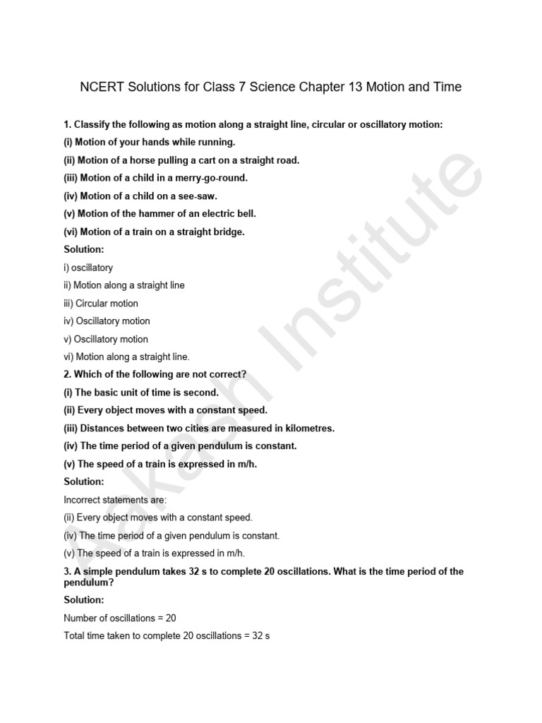 NCERT Solutions For Class 7 Science Chapter 13 Motion and Time | PDF ...
