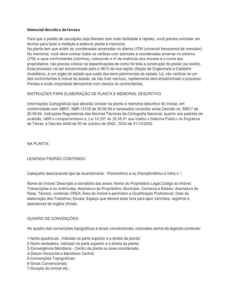 Memorial Descritivo de Terreno | PDF | Geomática | Geociências