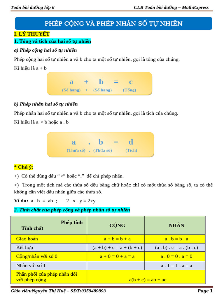 (Lớp 6A3 Hà Đông - Phiếu 3) Bài 2 - Phép Cộng Và Phép Nhân | PDF