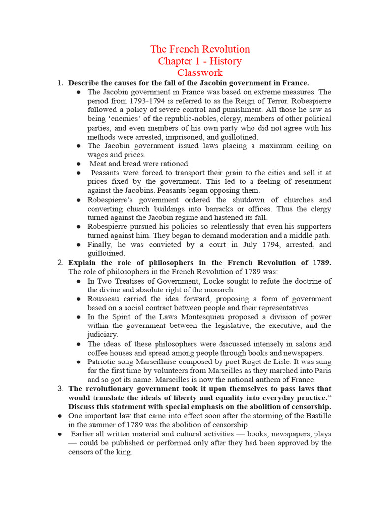 G9 - His - Ch1 - French Revolution Classwork | PDF | Reign Of Terror