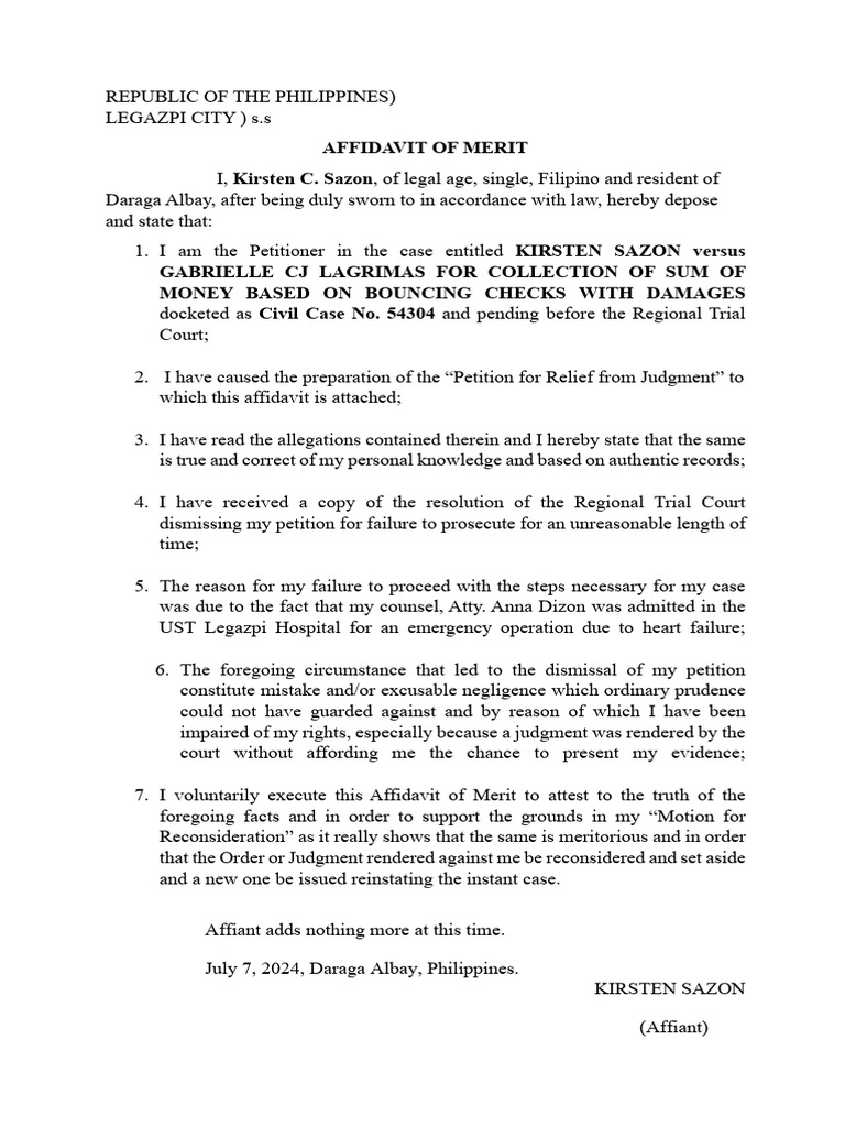 Affidavit of Merit Example Format | PDF | Affidavit | Judgment (Law)