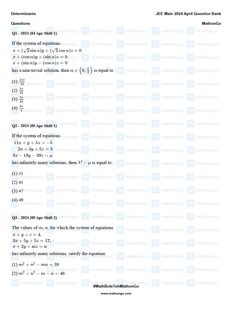 Determinants - JEE Main 2024 April Question Bank - MathonGo | PDF | Mathematical Analysis ...
