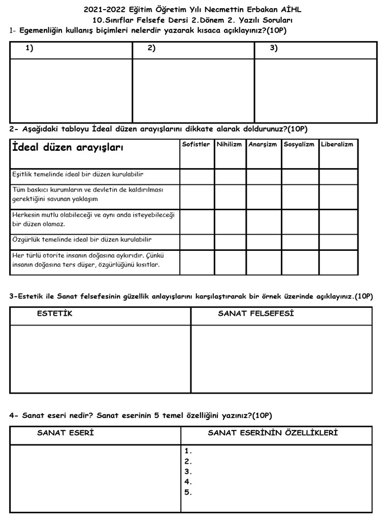 10.siniflar Felsefe Dersi 2.donem 2.yazili Sorulari 2 | PDF