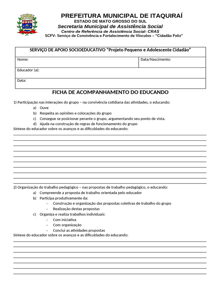 Modelo de FICHA DE ACOMPANHAMENTO DO EDUCANDO | PDF | Sociologia | Pedagogia