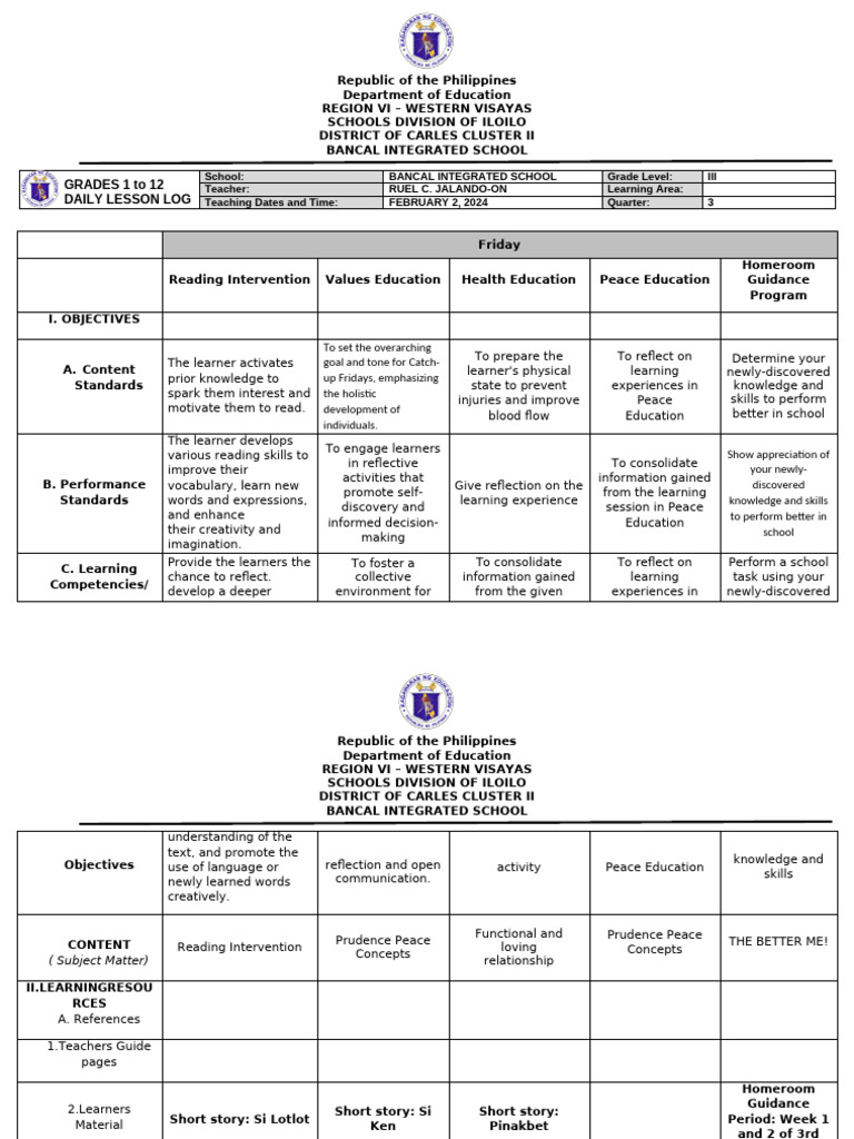 DLL Catch Up Friday Grade 3 Feb 2 | PDF | Learning | Cognition