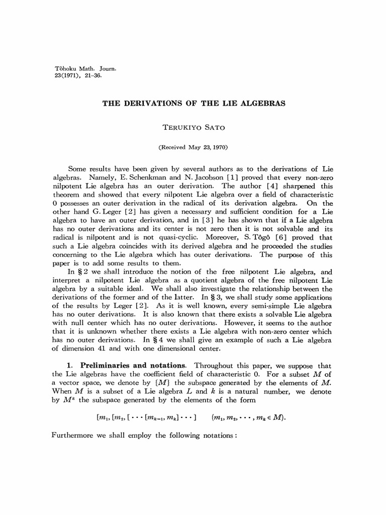 The Derivations Of The Lie Algebras: Tδhoku Math. Journ. 23 (1971), 21-36 | PDF | Lie Algebra ...