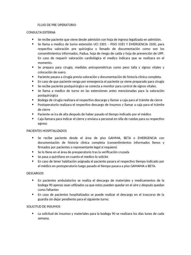 Flujo De Pre Operatorio Y Postoperatorio Pdf Medicina