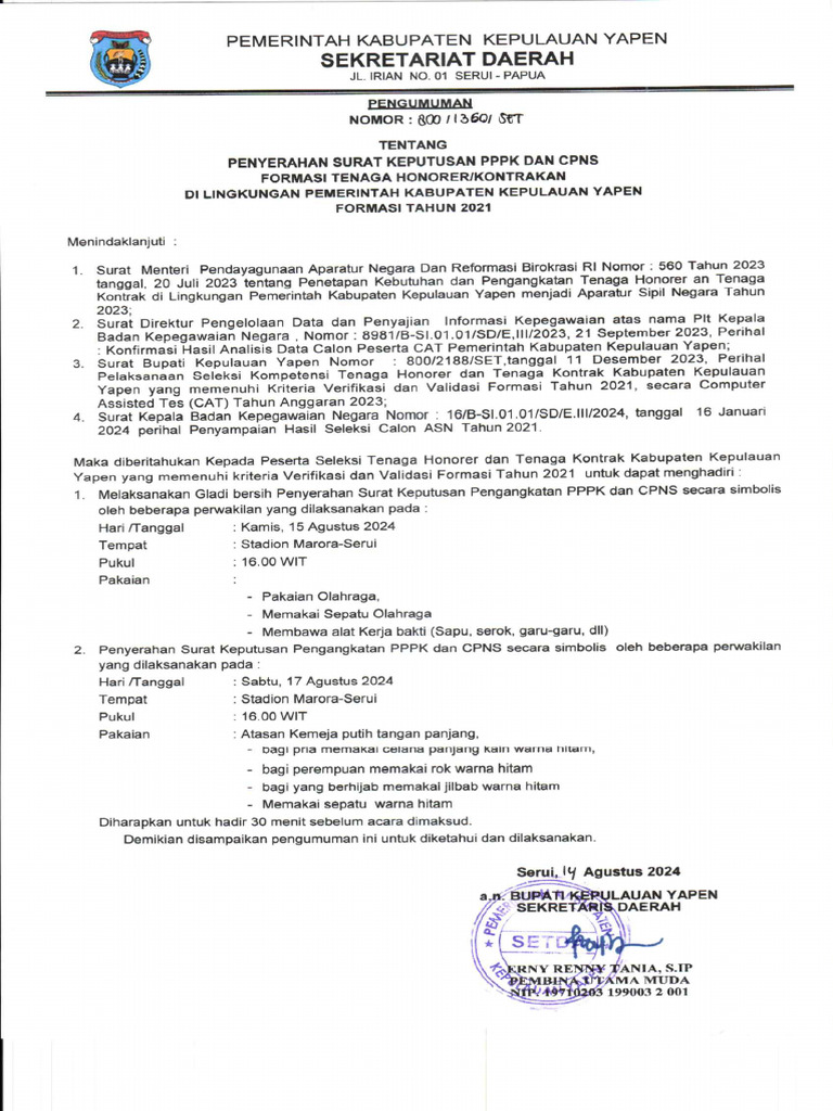 Pengumuman Penyerahan Surat Keputusan PPPK Dan Cpns Formasi Tena | PDF