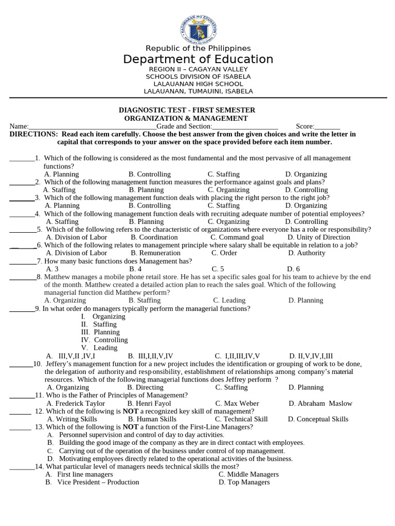 Organization & Management - Diagnostic Test Q1 | PDF | Franchising ...