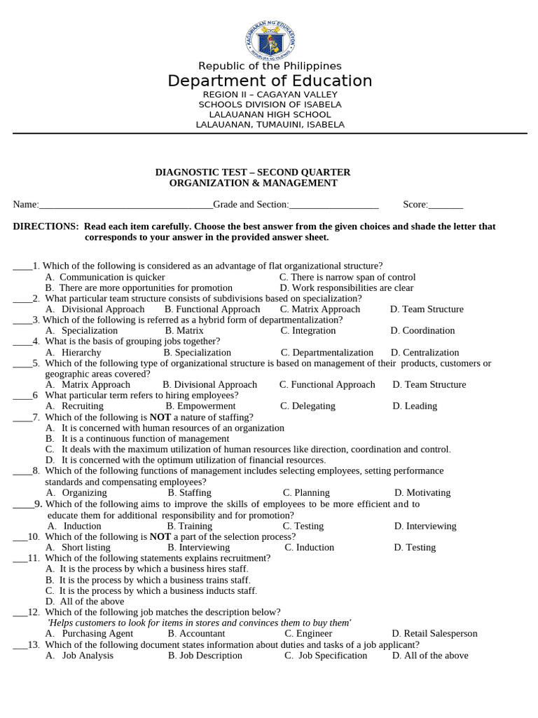 Organization & Management - Diagnostic Test Q2 | PDF | Human Resources ...