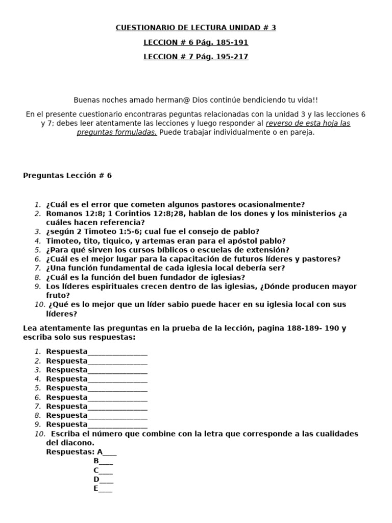 Cuestionario de Lectura Unidad | PDF