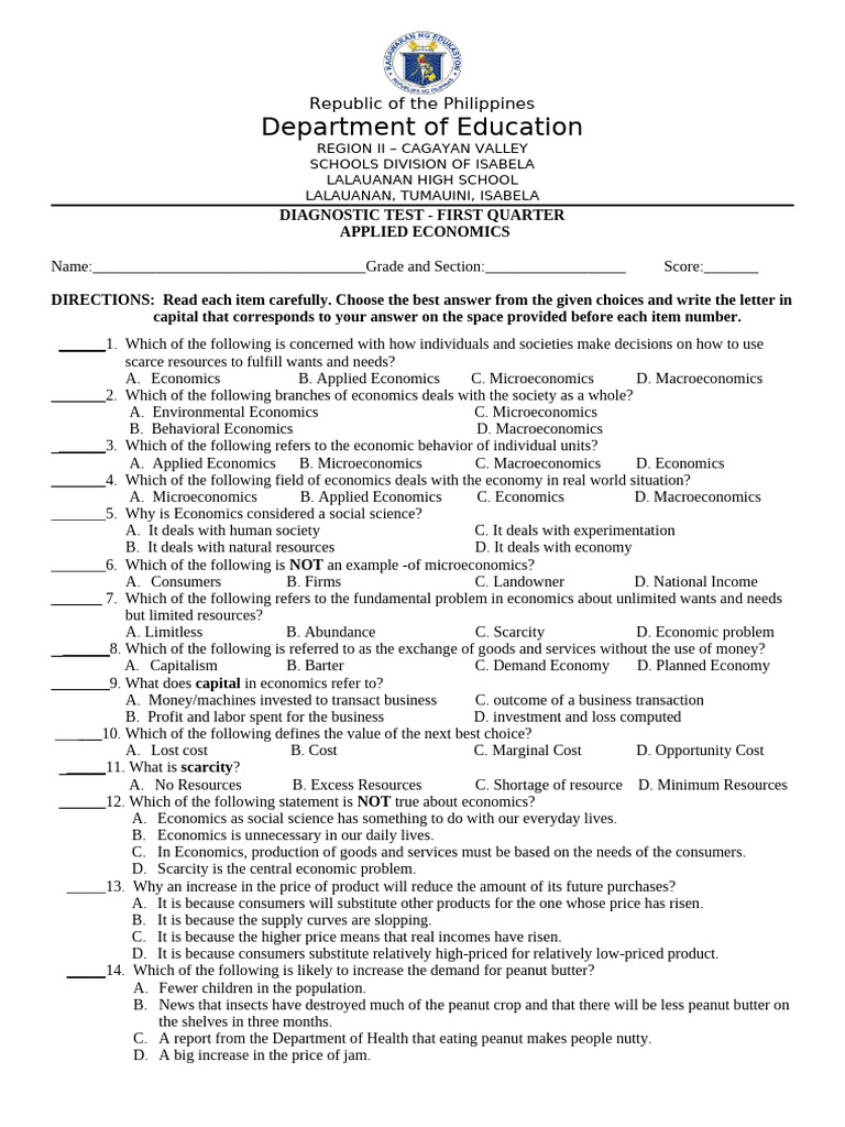 Applied Economics - Diagnostic Test Q1 | PDF | Monopoly | Demand