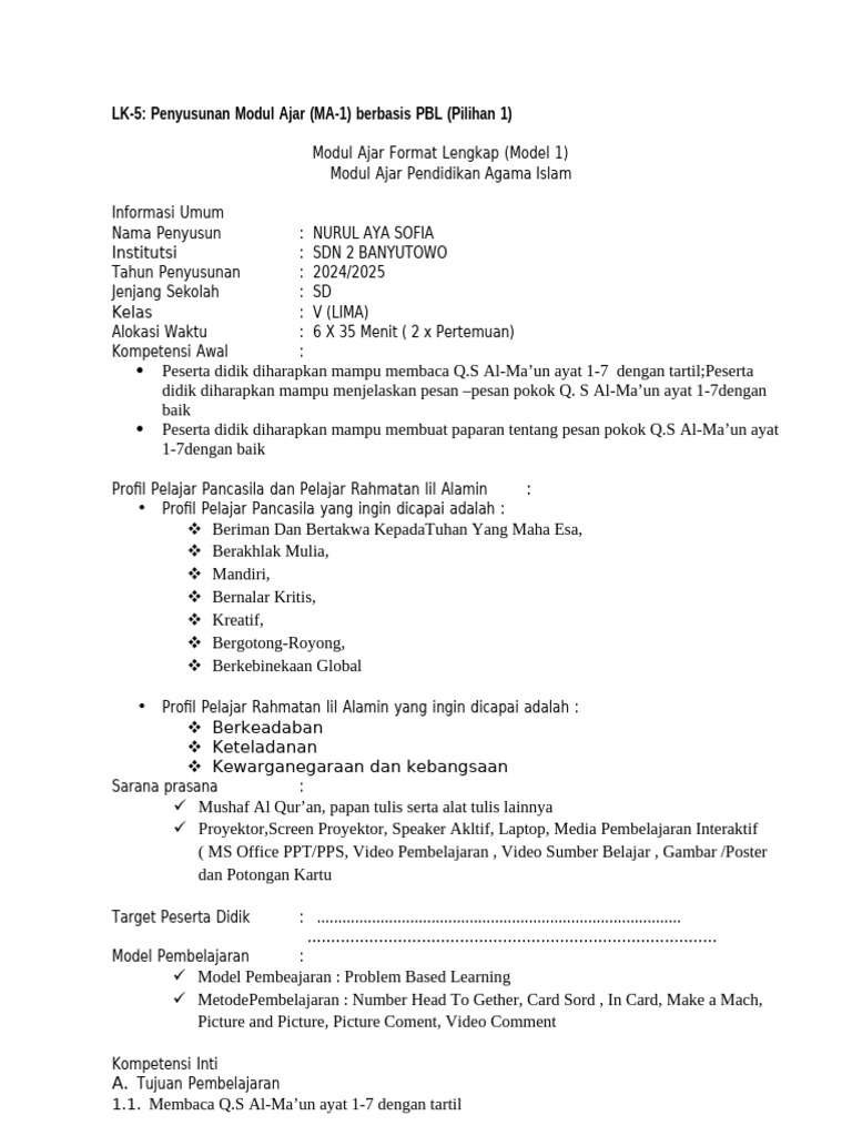 LK 5. K1. Penyusunan Modul Ajar MA-1 Berbasis PBL | PDF