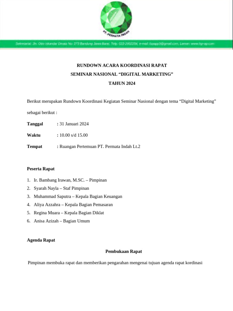 RUNDOWN ACARA KOORDINASI RAPAT | PDF