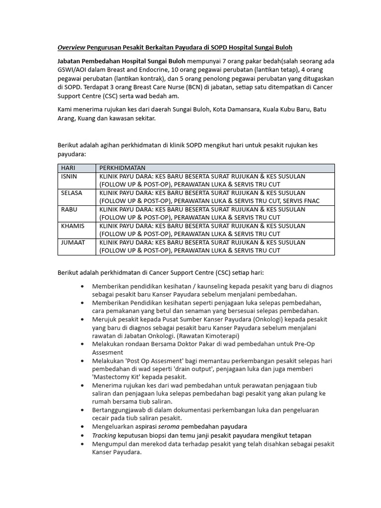 Overview Pengurusan Pesakit Berkaitan Payudara Di SOPD Hospital Sungai Buloh | PDF