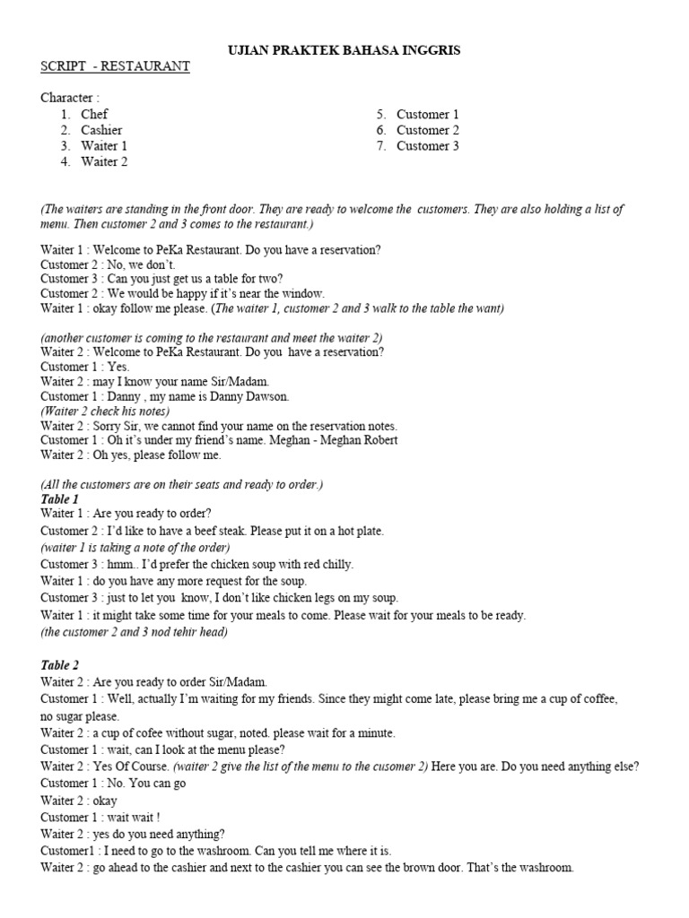 Restaurant Interaction Script | PDF | Waiting Staff | Restaurants